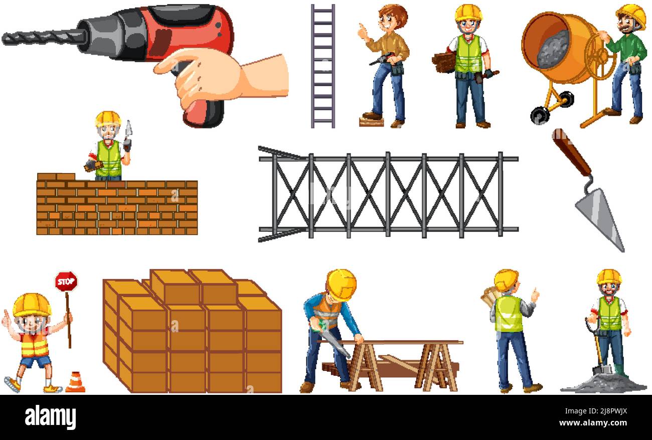 Construction worker set with man and tools illustration Stock Vector ...