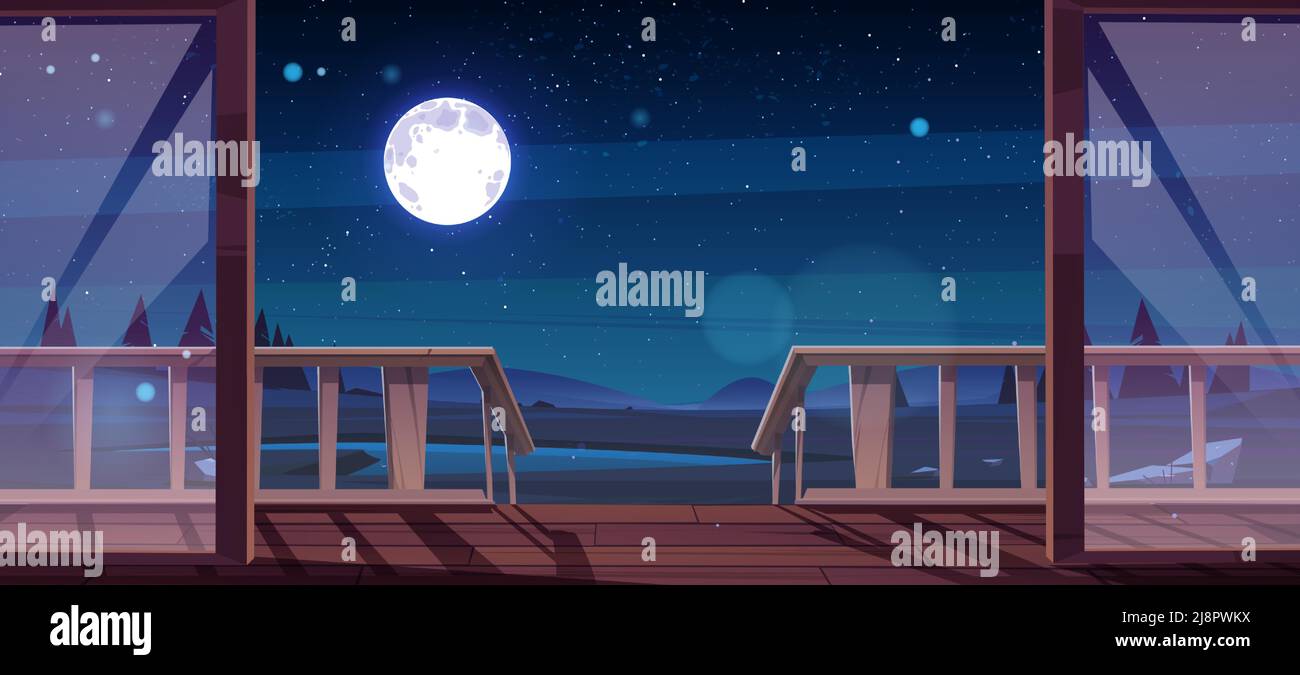 Wooden terrace with stairs and view to rural landscape with pond ...