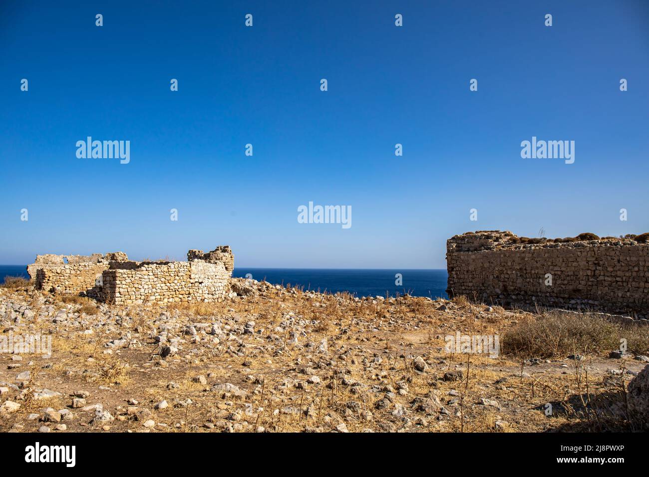 Old ruined Feraklos castle overlooking Charaki, Rhodes, Greece Stock ...