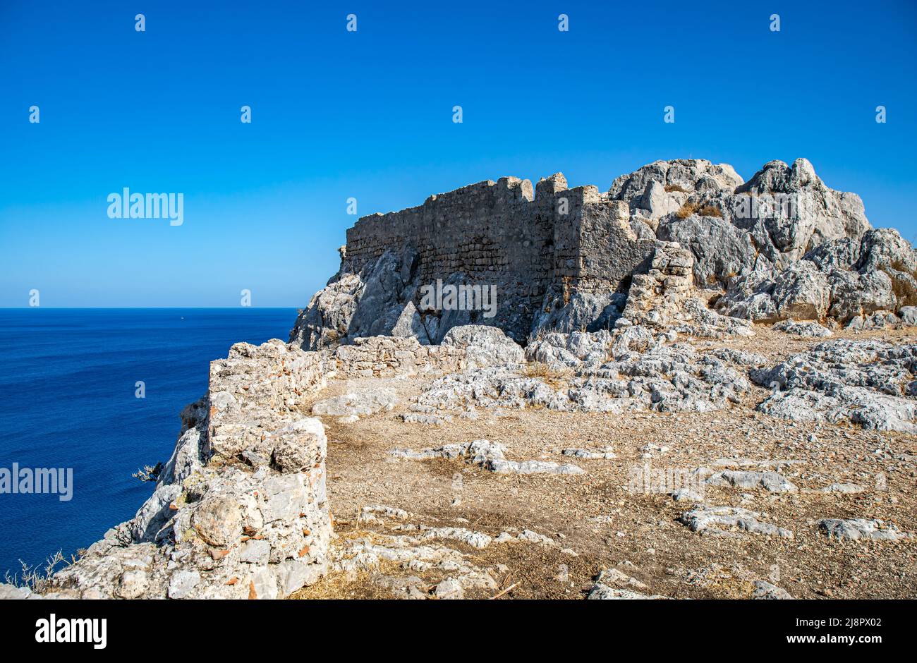 Old ruined Feraklos castle overlooking Charaki, Rhodes island Stock ...