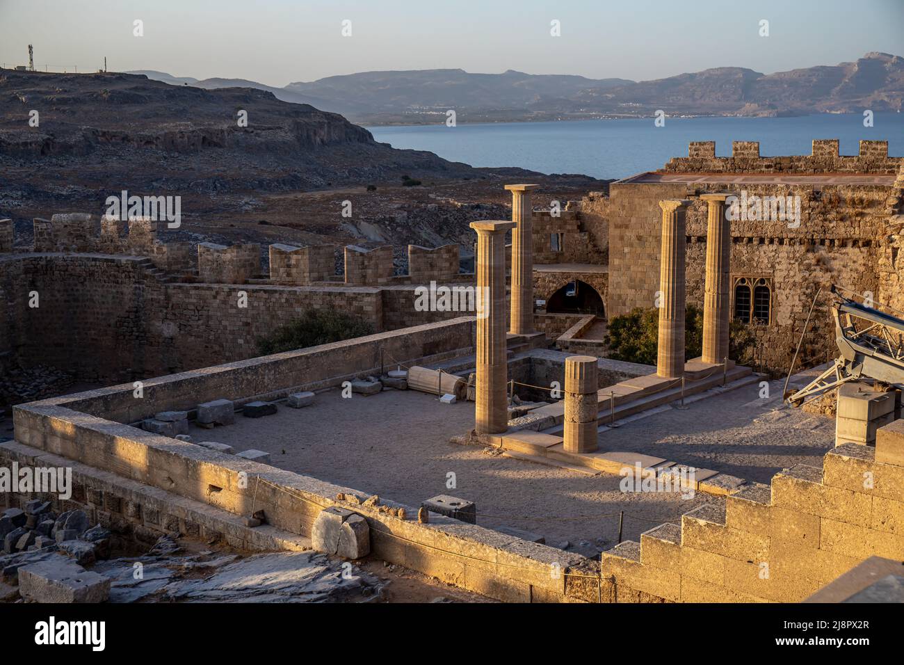 Sunlit ancient Lindos Acropolis on Rhodes island, Greece Stock Photo ...