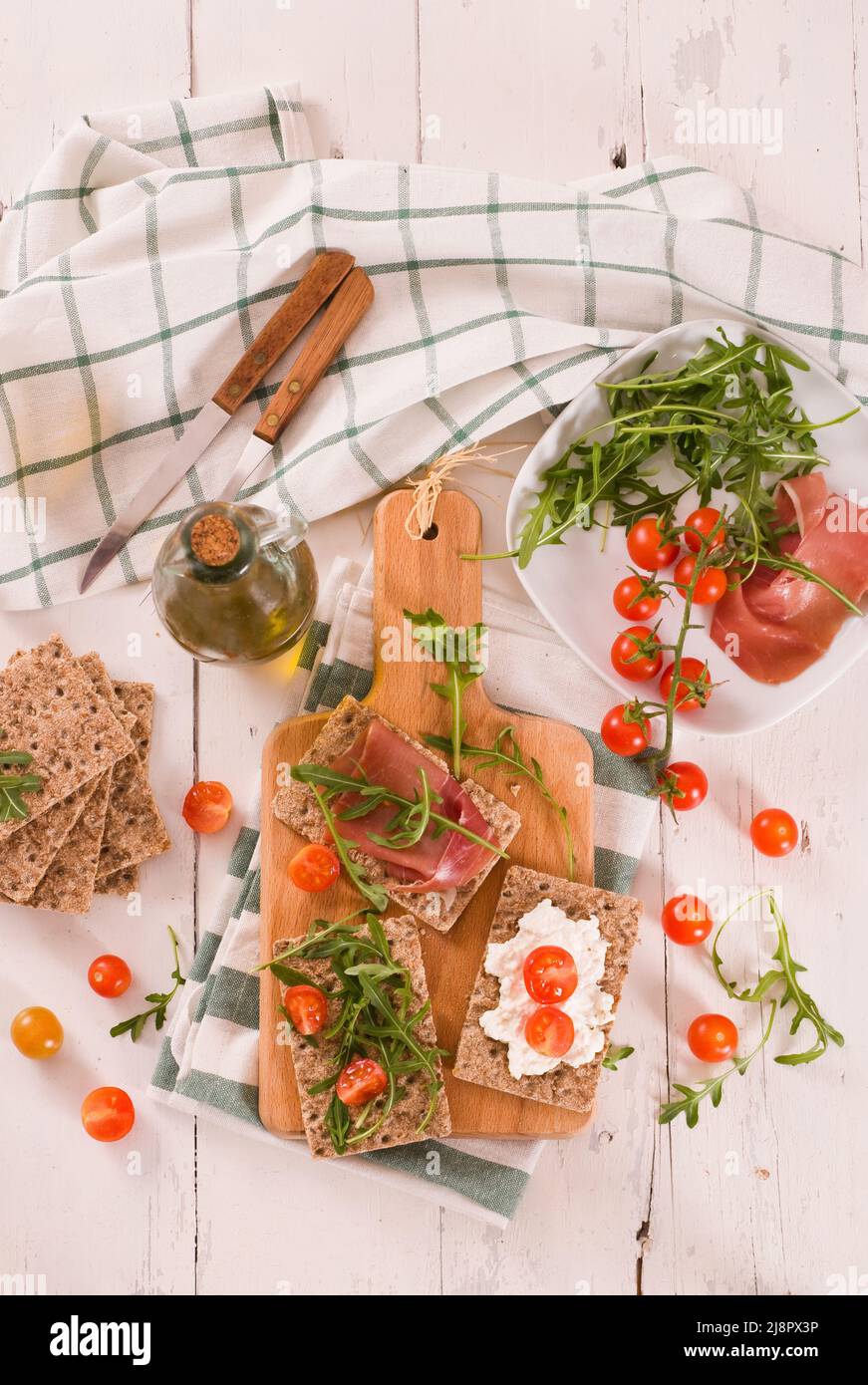 Crispy rye bread with sesame seeds, ham and cottage cheese Stock Photo ...