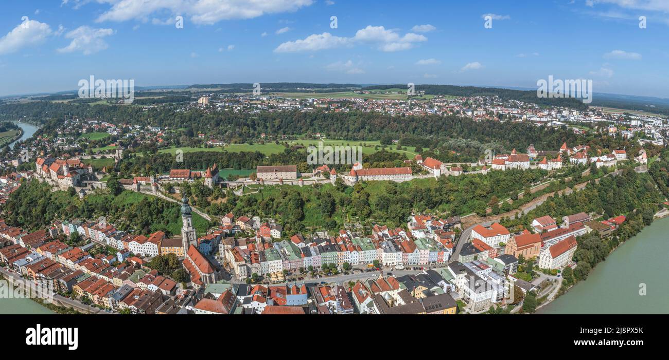Aerial view to Burghausen, his famous castle and the region around ...