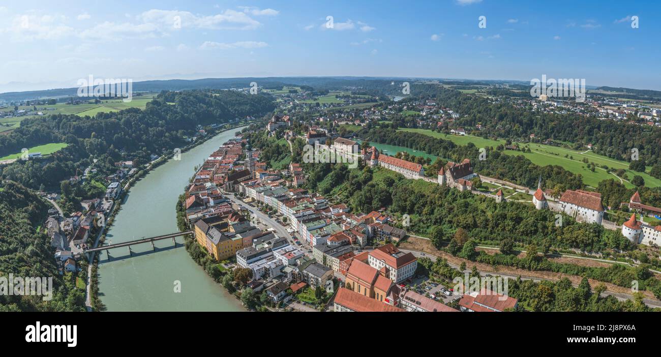 Aerial view to Burghausen, his famous castle and the region around ...