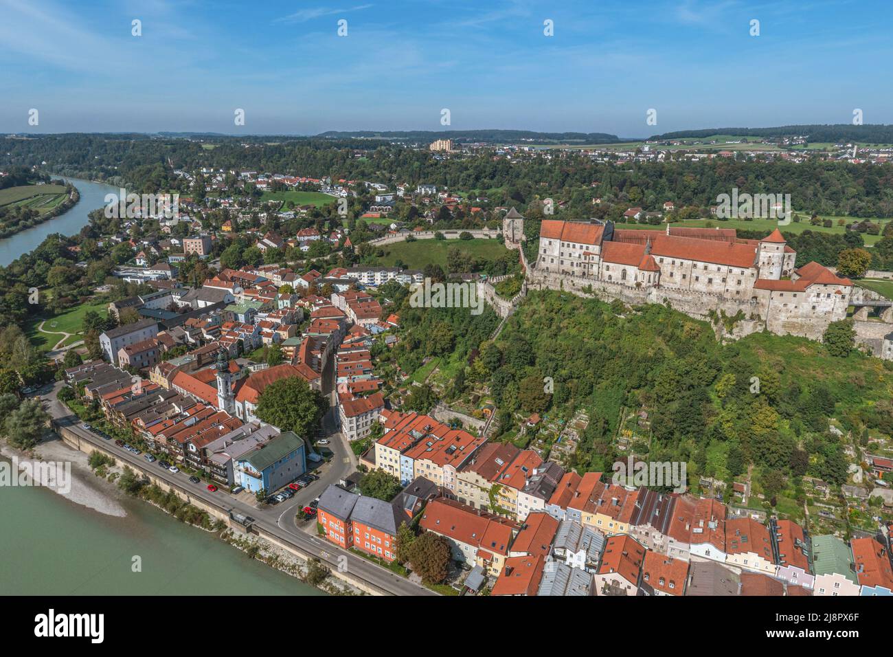 Aerial view to Burghausen, his famous castle and the region around ...