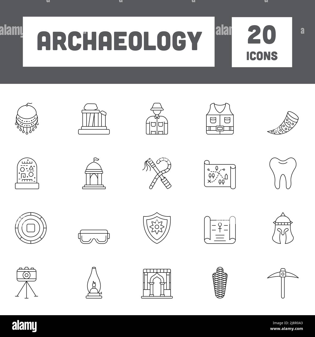 Black Line Art Set Of Archeology Icons In Flat Style Stock Vector Image ...