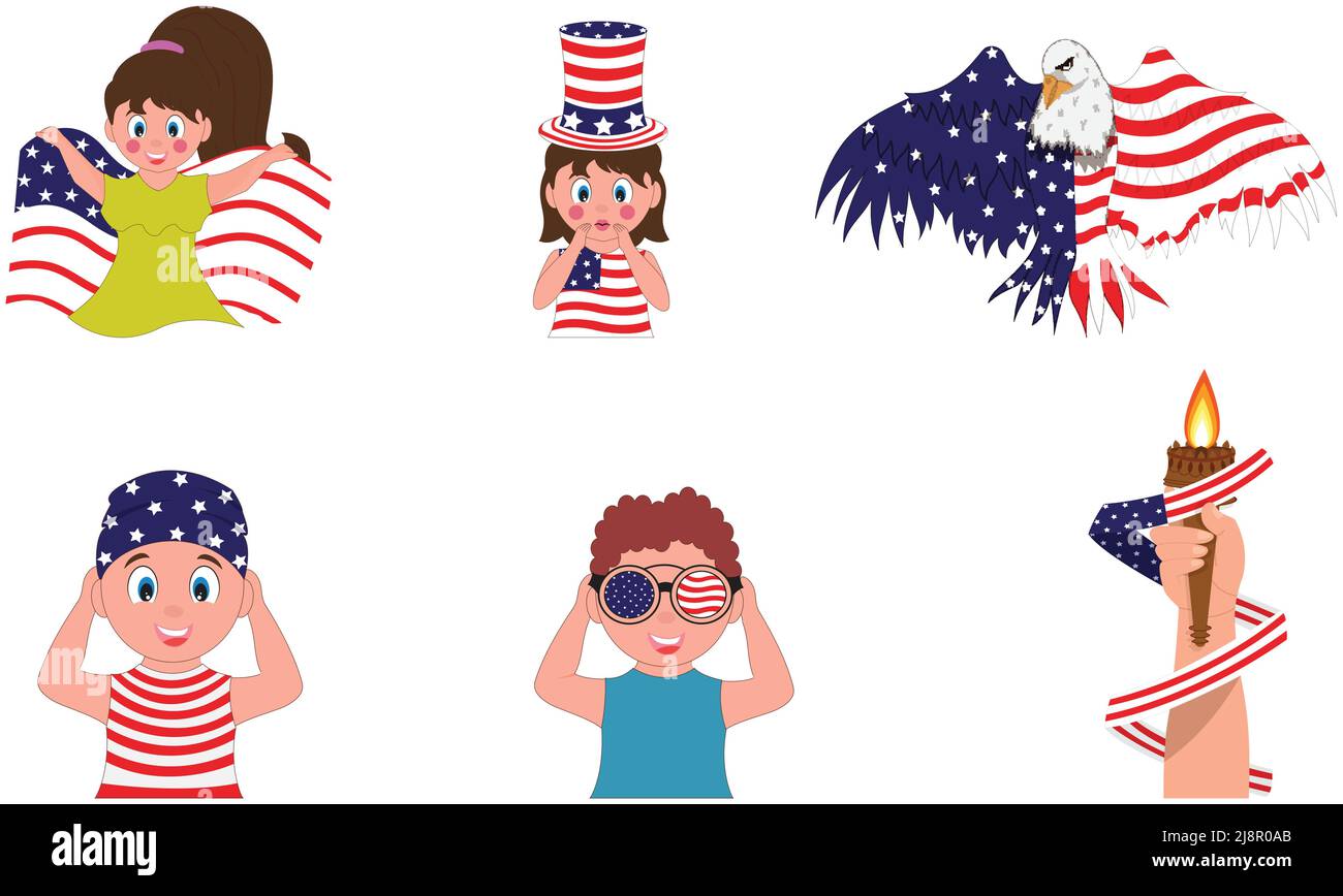 Cartoon Boys And Girls Play With National Bird And Flaming Torch For ...