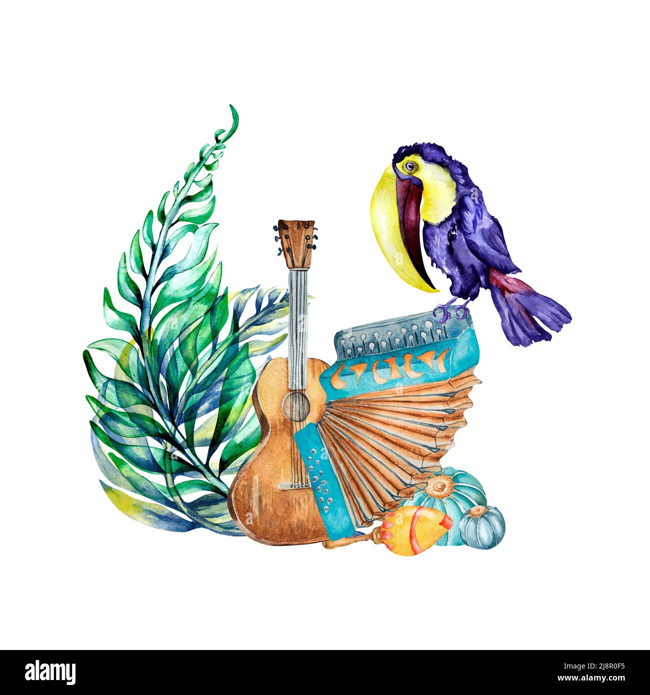 Mexico musical instruments, green leaves and toucan watercolor ...