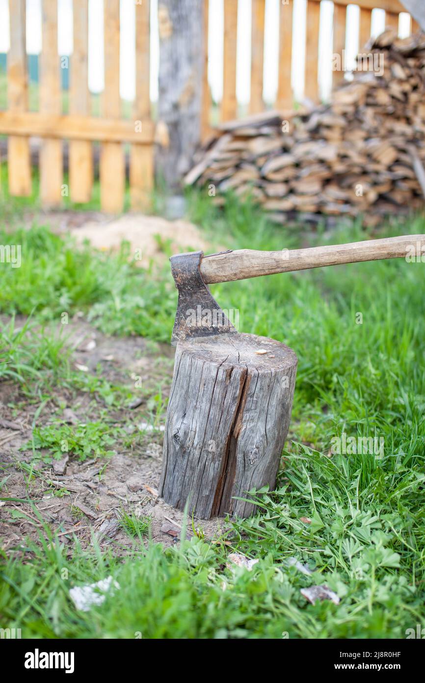 Village life. An axe in a stump or log for chopping firewood. The wood ...