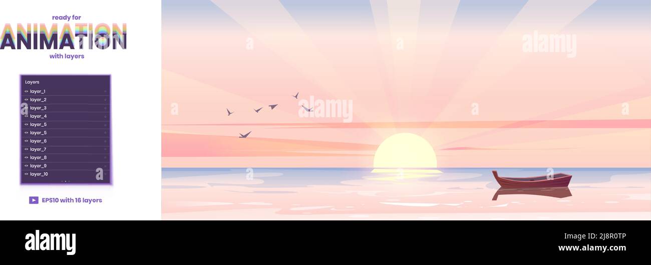 Sea landscape with wooden boat and rising sun on horizon at morning ...