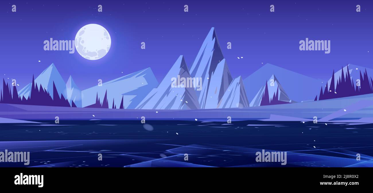 Winter landscape with ice rink, forest and mountains at night. Vector ...