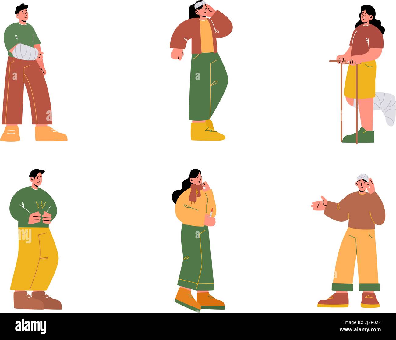 Set sick people suffer of ache in different body parts stomach, head ...