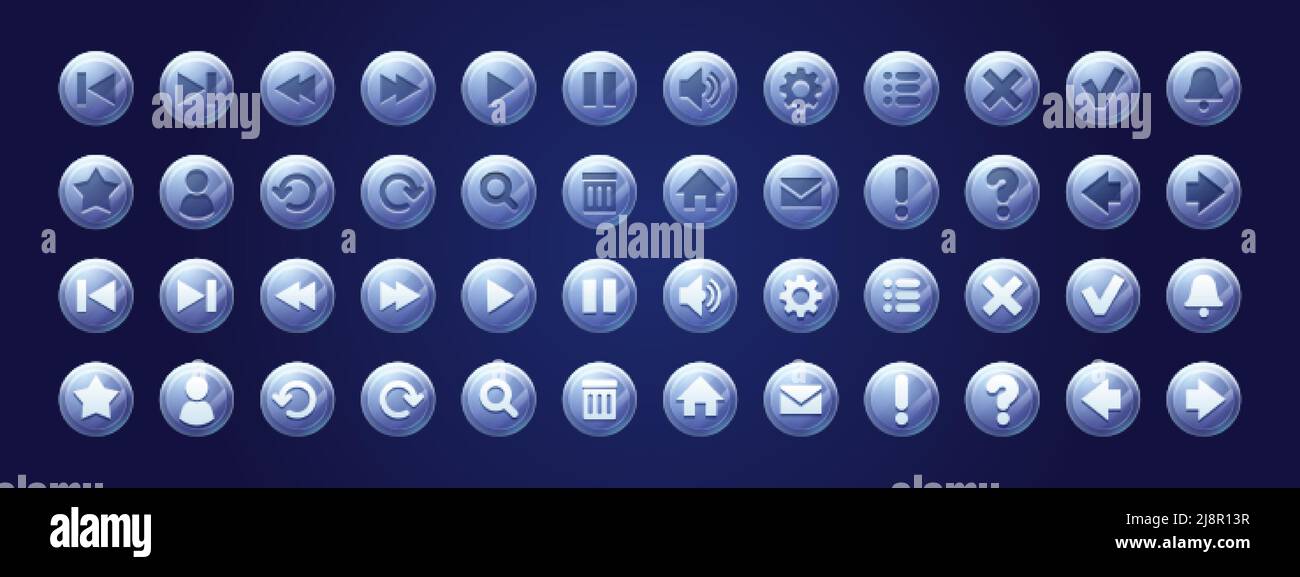 Web buttons, circle glass icons for game user interface design. Vector ...