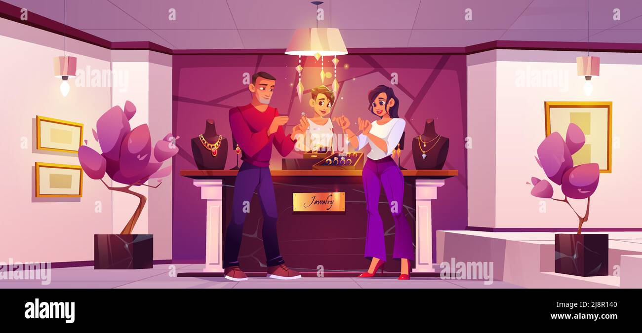 Jewelry shop with seller and customers buy gold chain and ring with ...