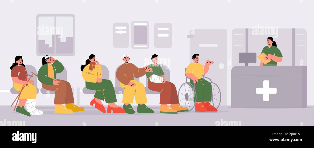 Patients waiting doctors appointment at clinic hallway. People wait in ...