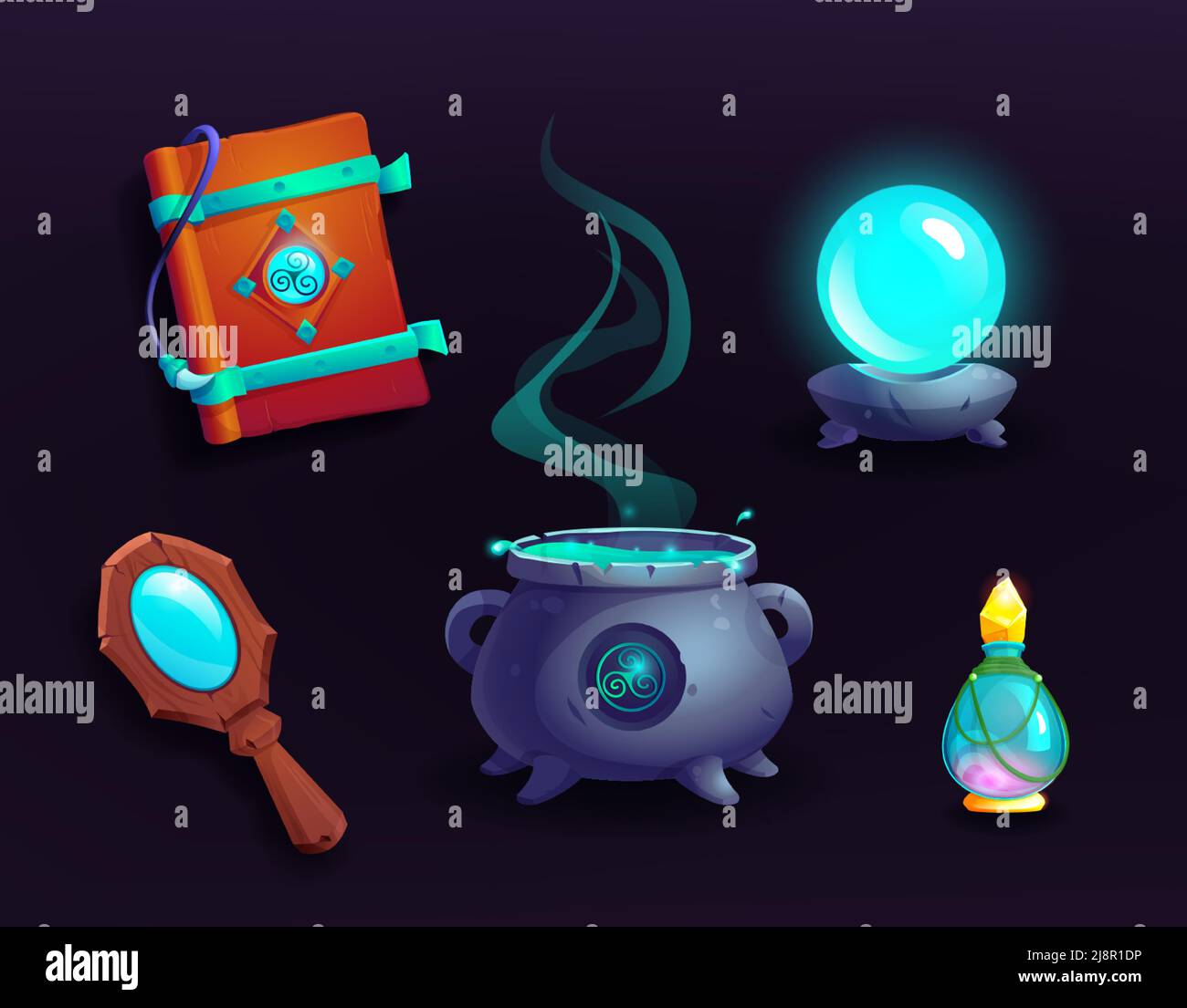 Magic witch cauldron with boiling potion, wizard book of spell, poison ...
