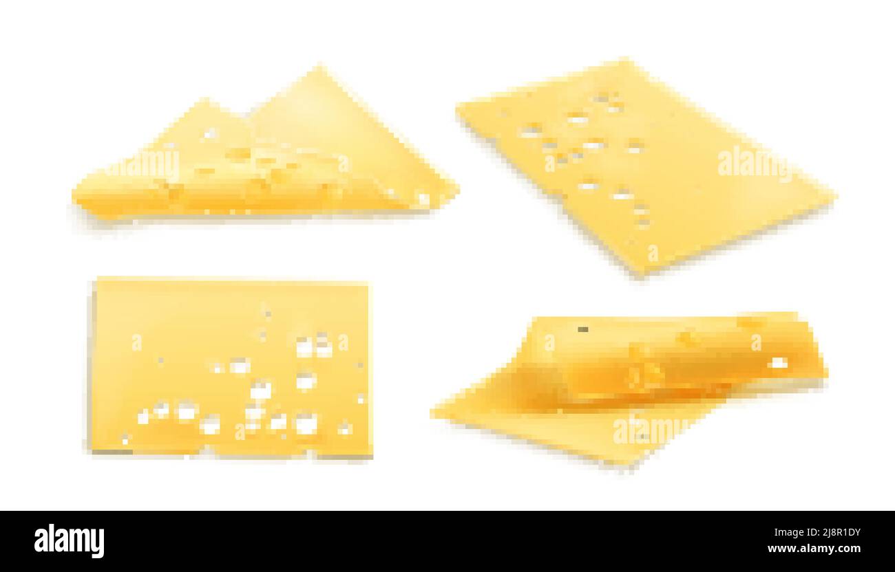 Cheese 3d realistic vector illustration. Thin square slices of cheez ...