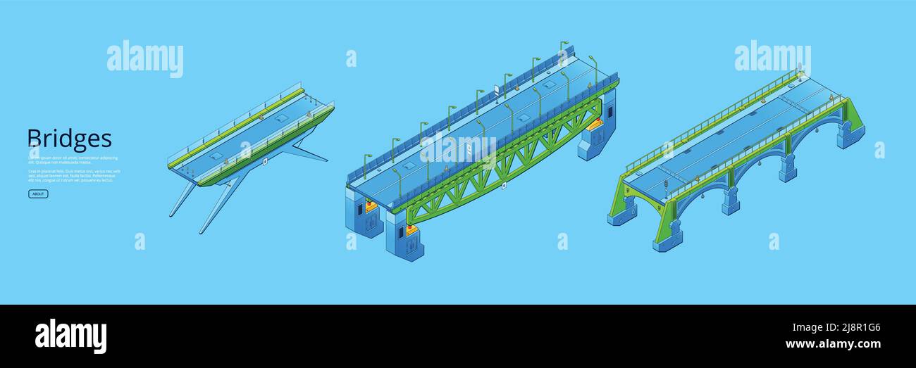 Poster with isometric bridges with car road over river, bay or canal ...