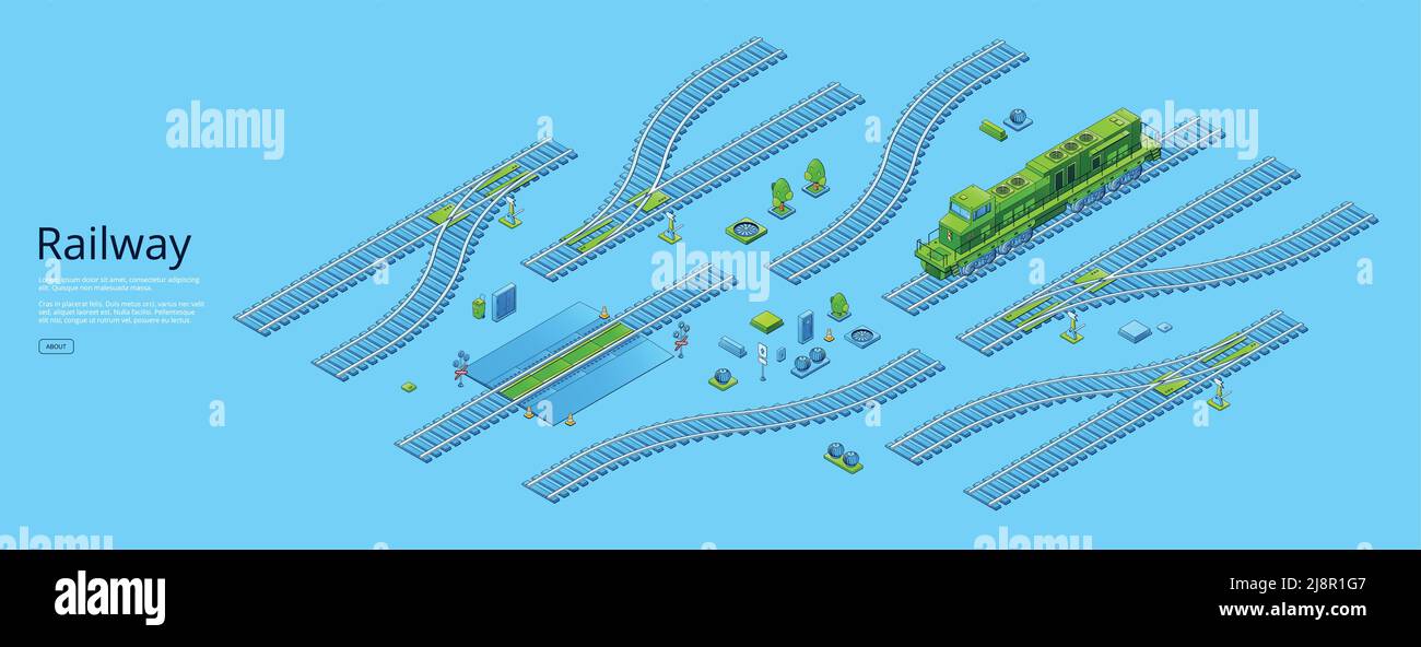 Railway banner with isometric locomotive and rail track elements ...