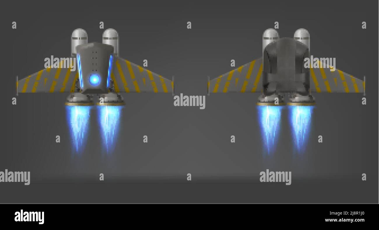 Jetpack with blue fire and yellow stripes on wings, top and bottom view ...