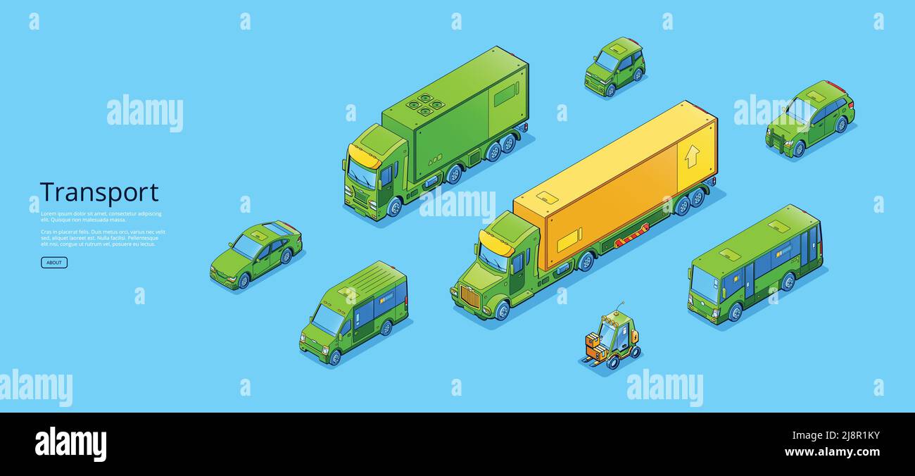 Transport poster with isometric trucks and buses. Vector horizontal ...