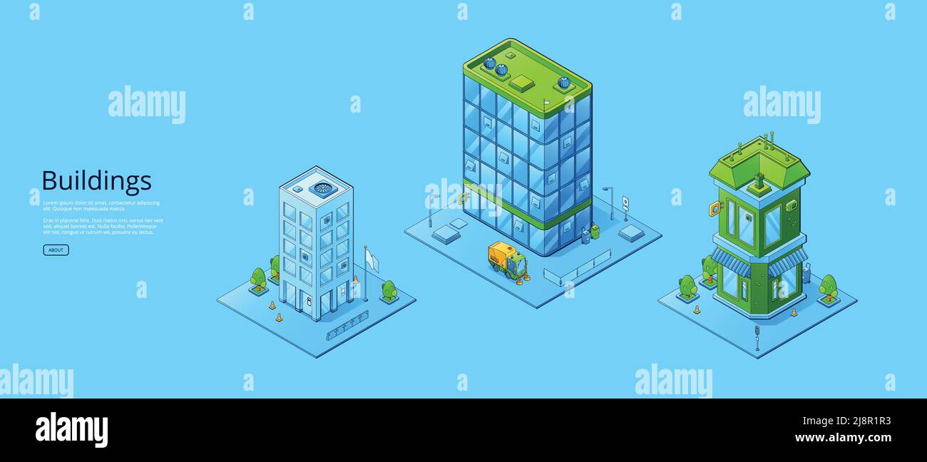 Buildings poster with isometric house, office and store isolated on ...