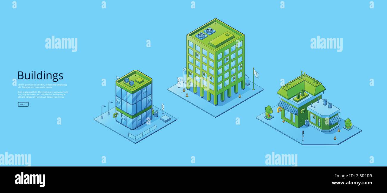 Buildings poster with isometric house, office and store isolated on ...