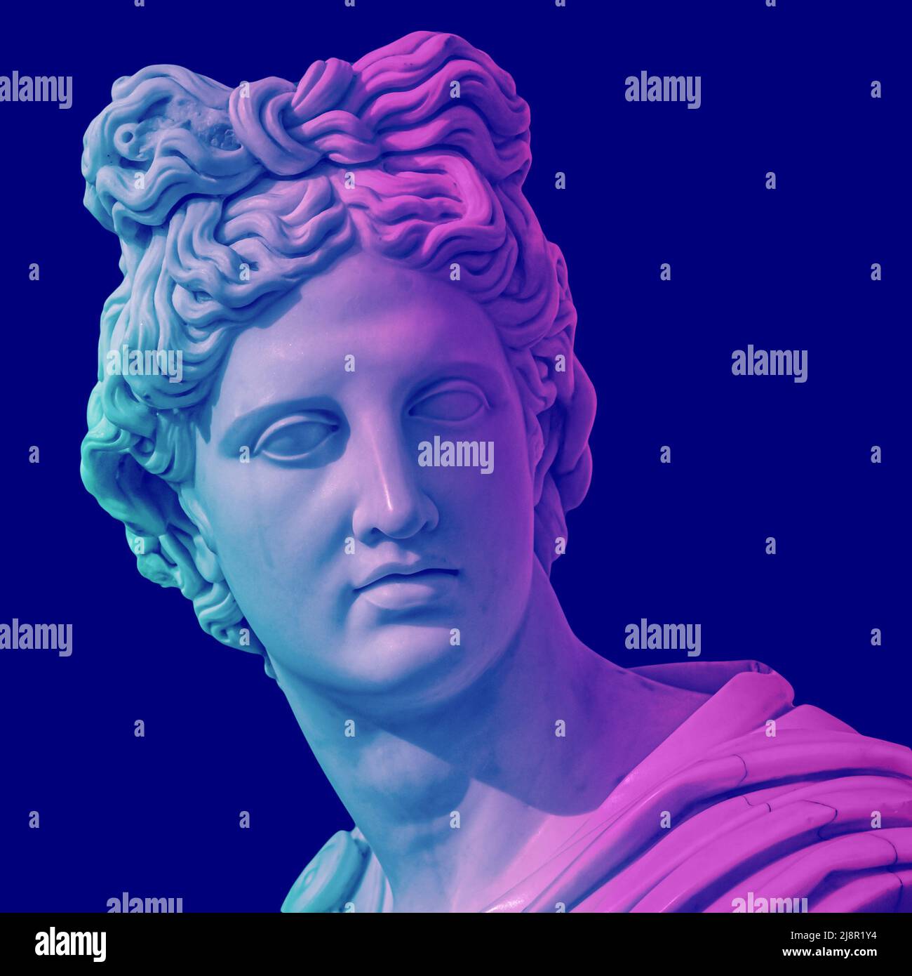 Statue of of Apollo God of Sun. Creative concept colorful neon image ...