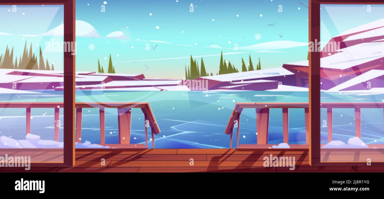 Chalet or lodge wooden porch and view to frozen lake. Vector cartoon ...
