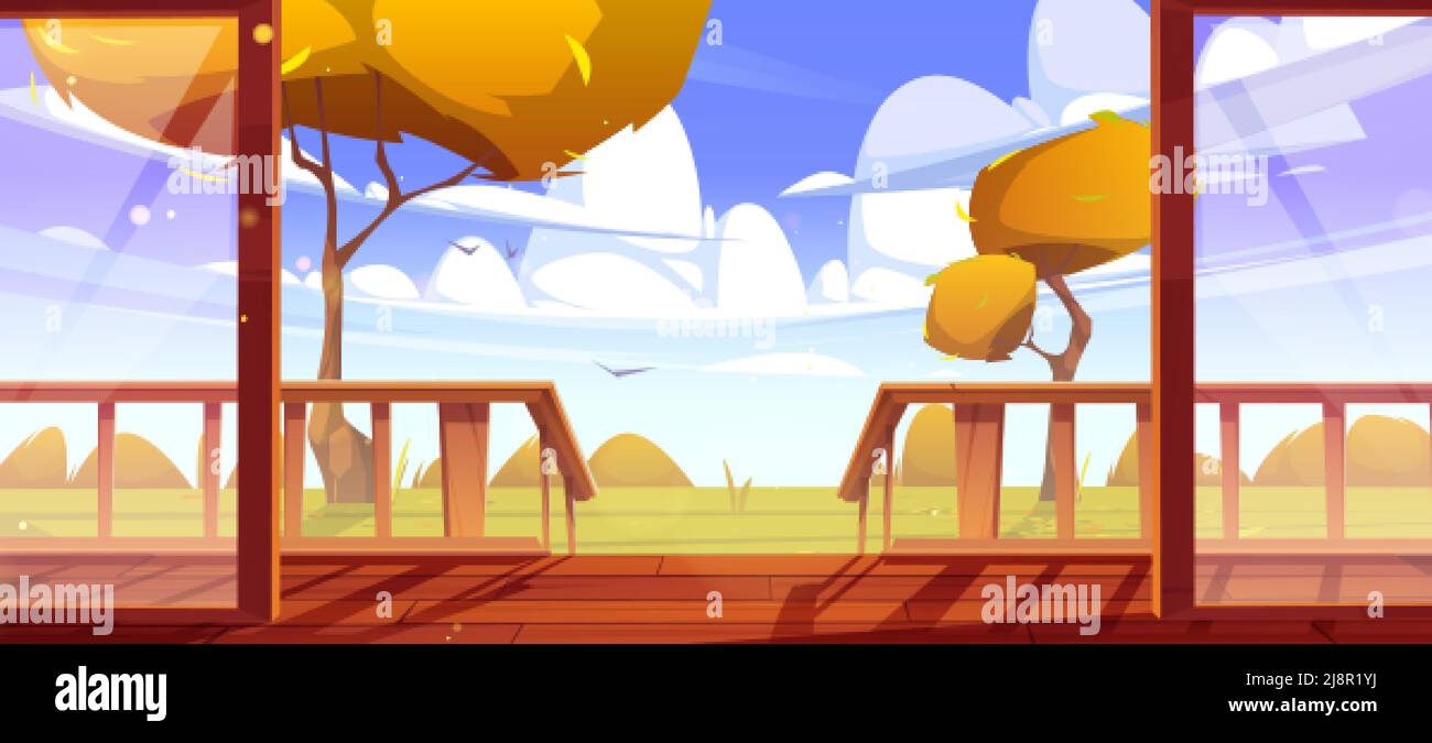House wooden porch and view to autumn landscape of backyard or garden ...