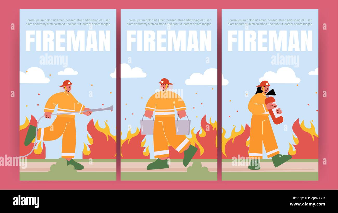 Fireman banners with professional fire fighters with water hose and ...
