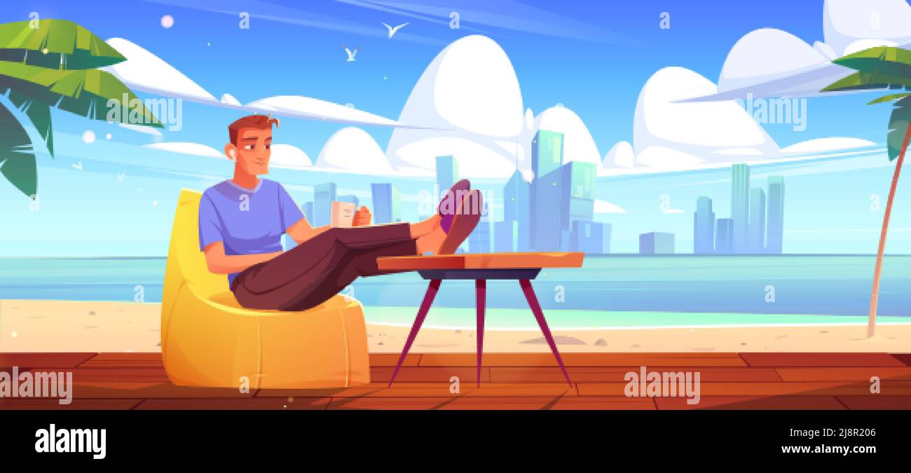 Man rest on wooden terrace on sea beach. Vector cartoon summer tropical ...