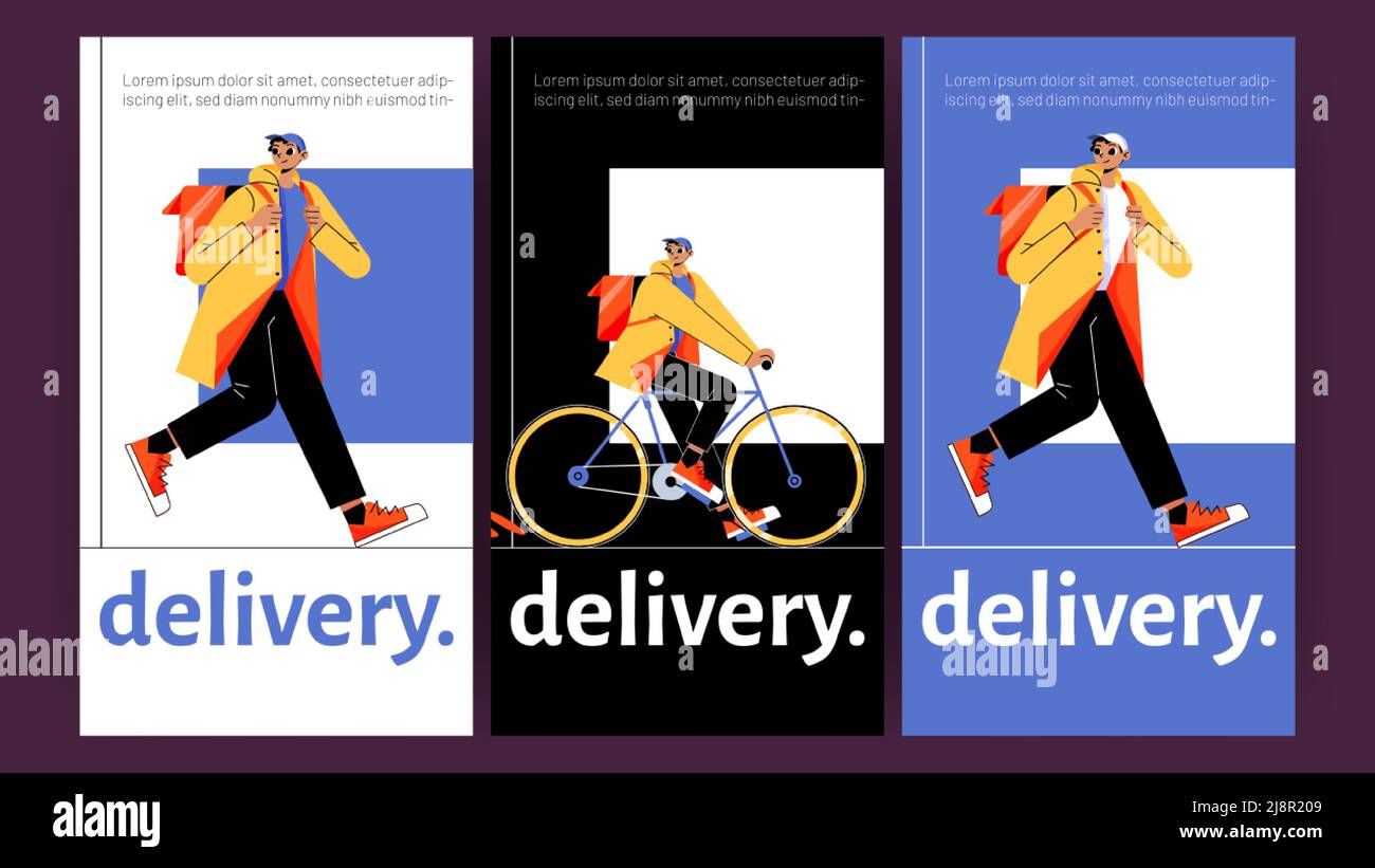 Delivery posters with man courier with backpack walk and ride on bike ...