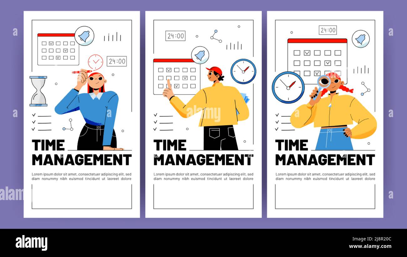 Time management posters with workers, clock and calendar. Vector ...