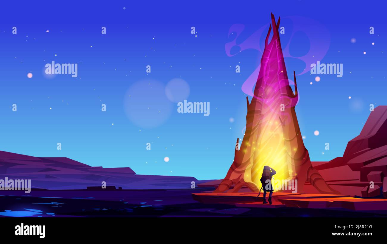 Man traveler walk to magic portal between tree trunks at night. Vector ...