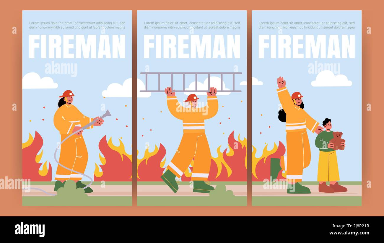 Fireman banners with professional fire fighters with water hose and ...