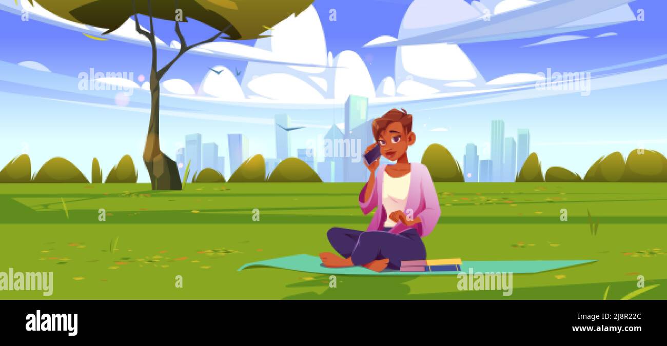 Woman with relax on lawn landscape with city skyline. Cartoon female ...