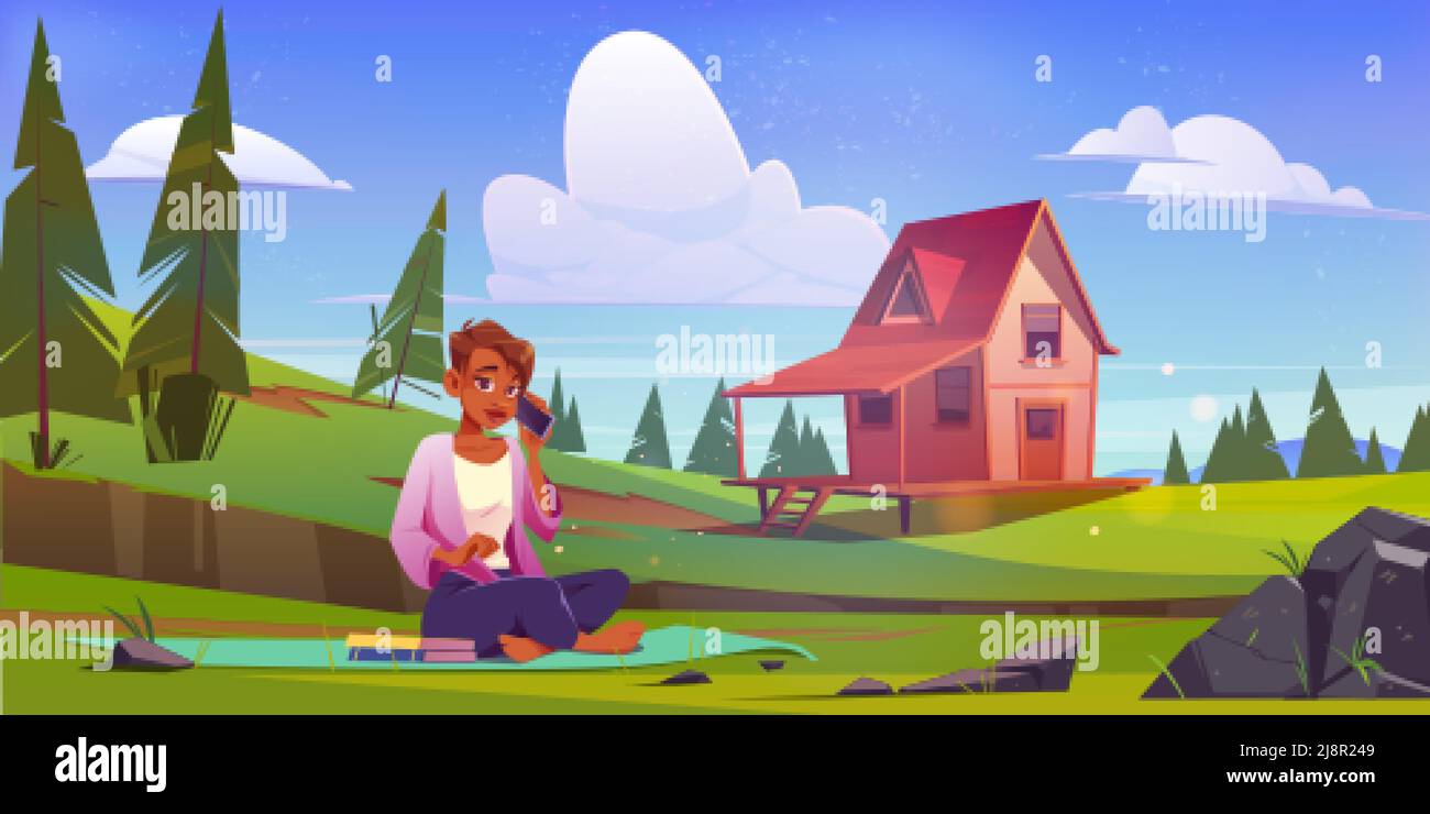Woman with smartphone relax on summer nature landscape with wooden ...