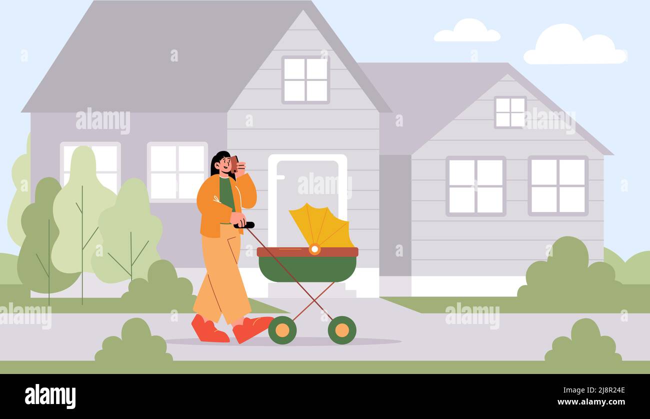 Cartoon mother pushing baby stroller hi-res stock photography and ...