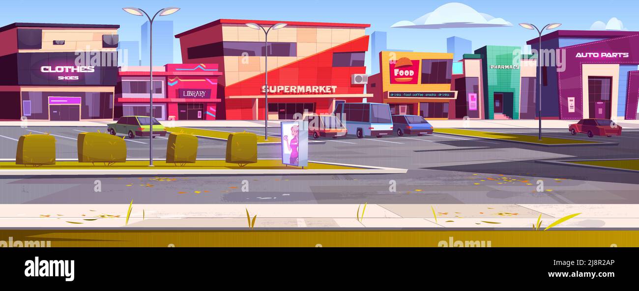 City street with commercial buildings, shops and car parking. Vector ...
