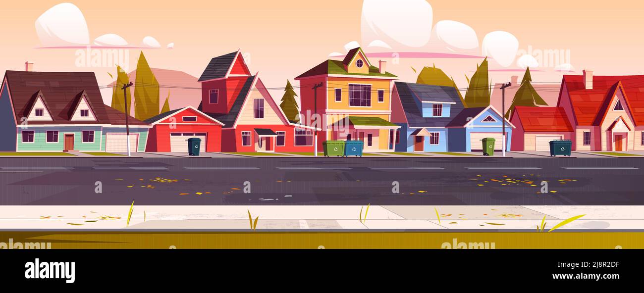 Suburb district street with houses in autumn. Vector cartoon ...