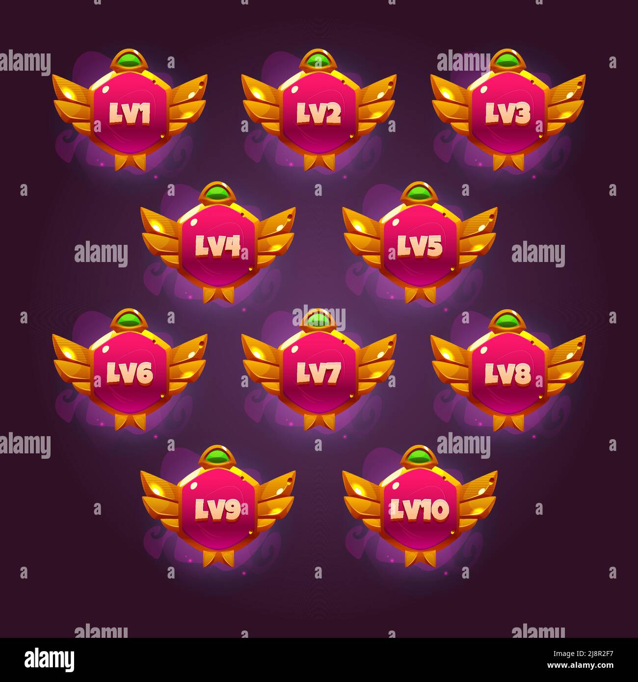 Game badges of level number, pink icons with gold frames and green gem ...