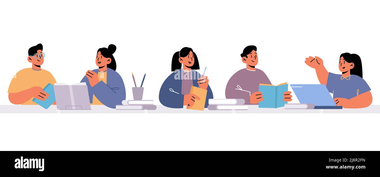 Students, school children study together, reading books and learning ...