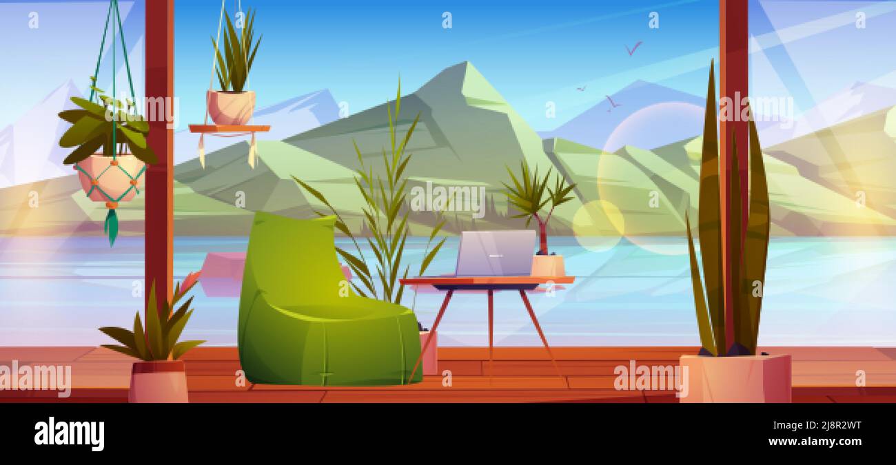 Wooden terrace with furniture and flowers on lake shore. Vector cartoon ...