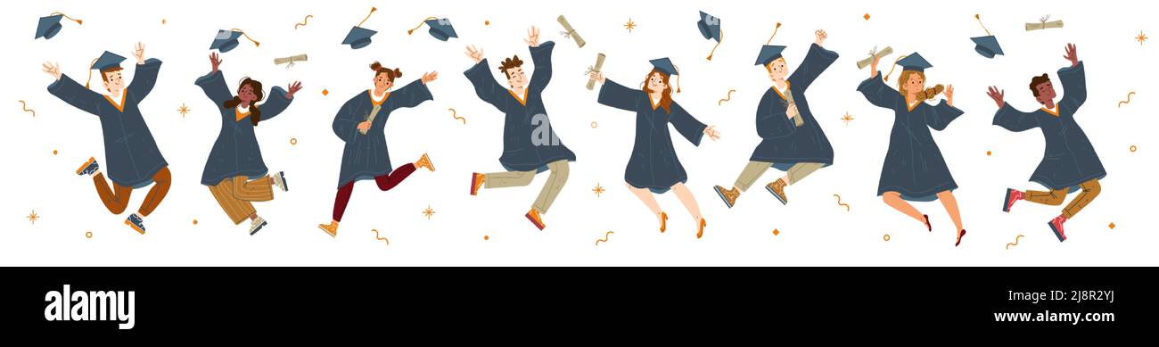 Student graduate jump, characters in gowns and academic caps rejoice ...