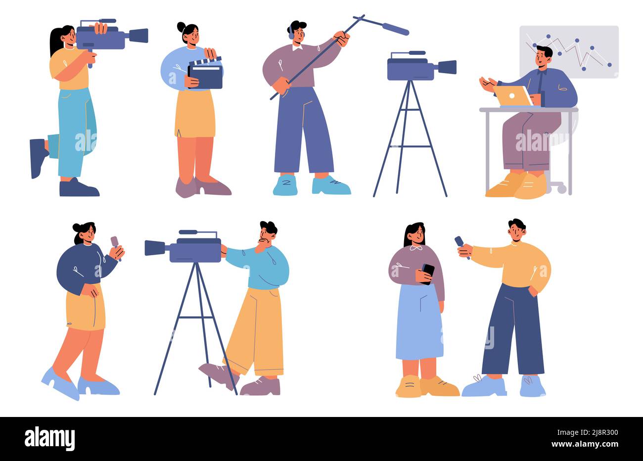 Tv news filming, interview and video report. Journalist, reporter with microphone, cameraman and ...