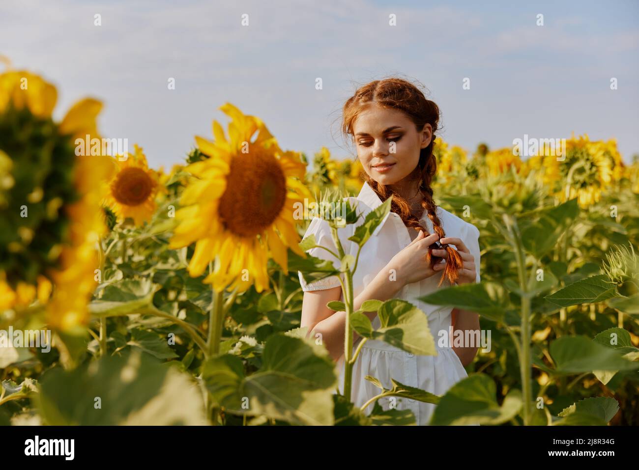 woman with two pigtails in a white dress admires nature countryside ...