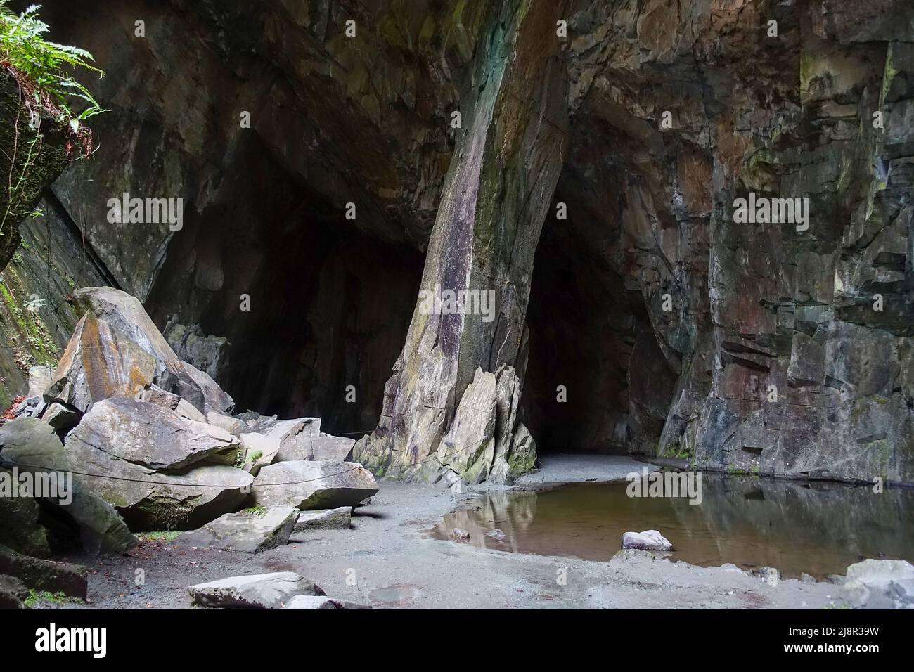 Cathedral cave cavern in old slate quarry, Little Langdale, Cumbria ...