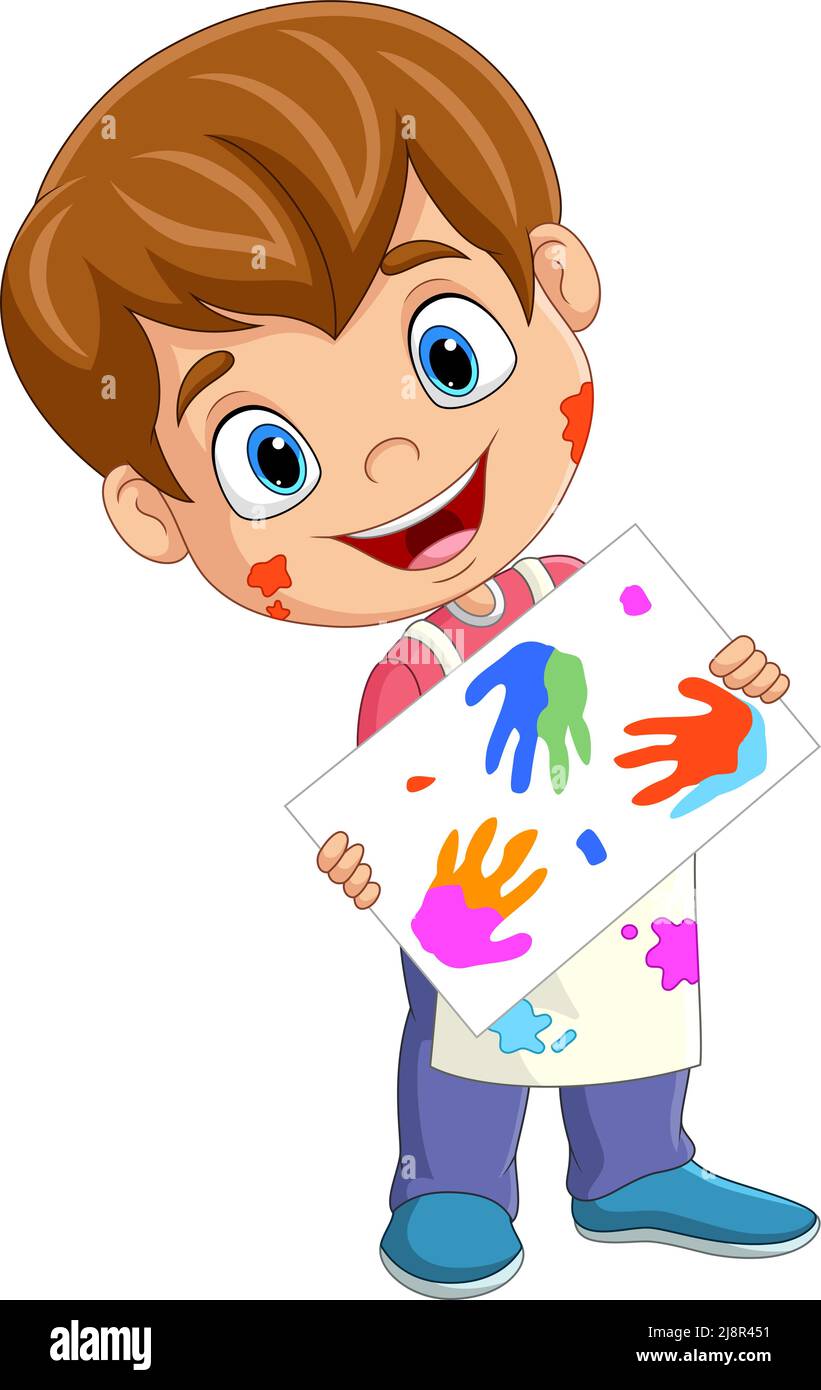Cartoon little boy painting with colorful handprints Stock Vector Image ...