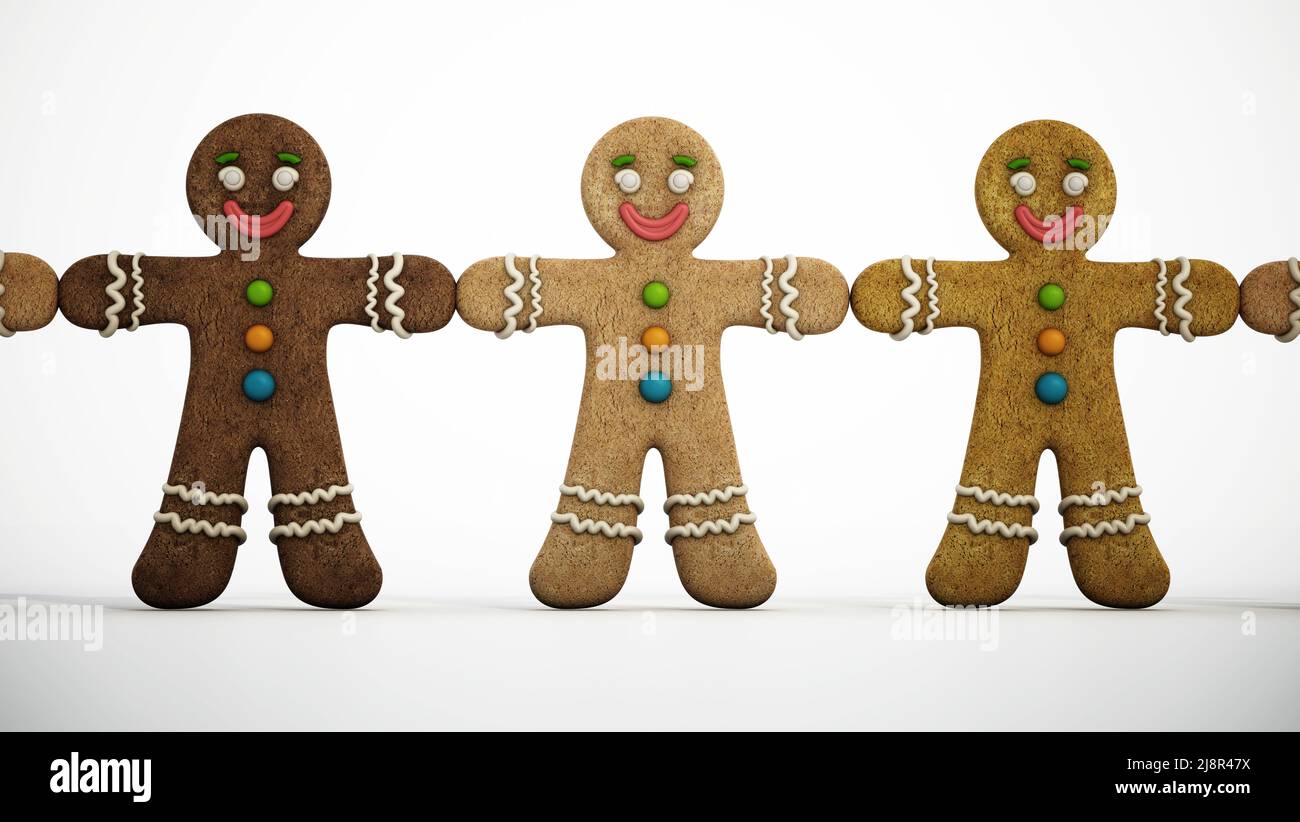 Gingerbread cookie men holding hands isolated on white. 3D illustration ...